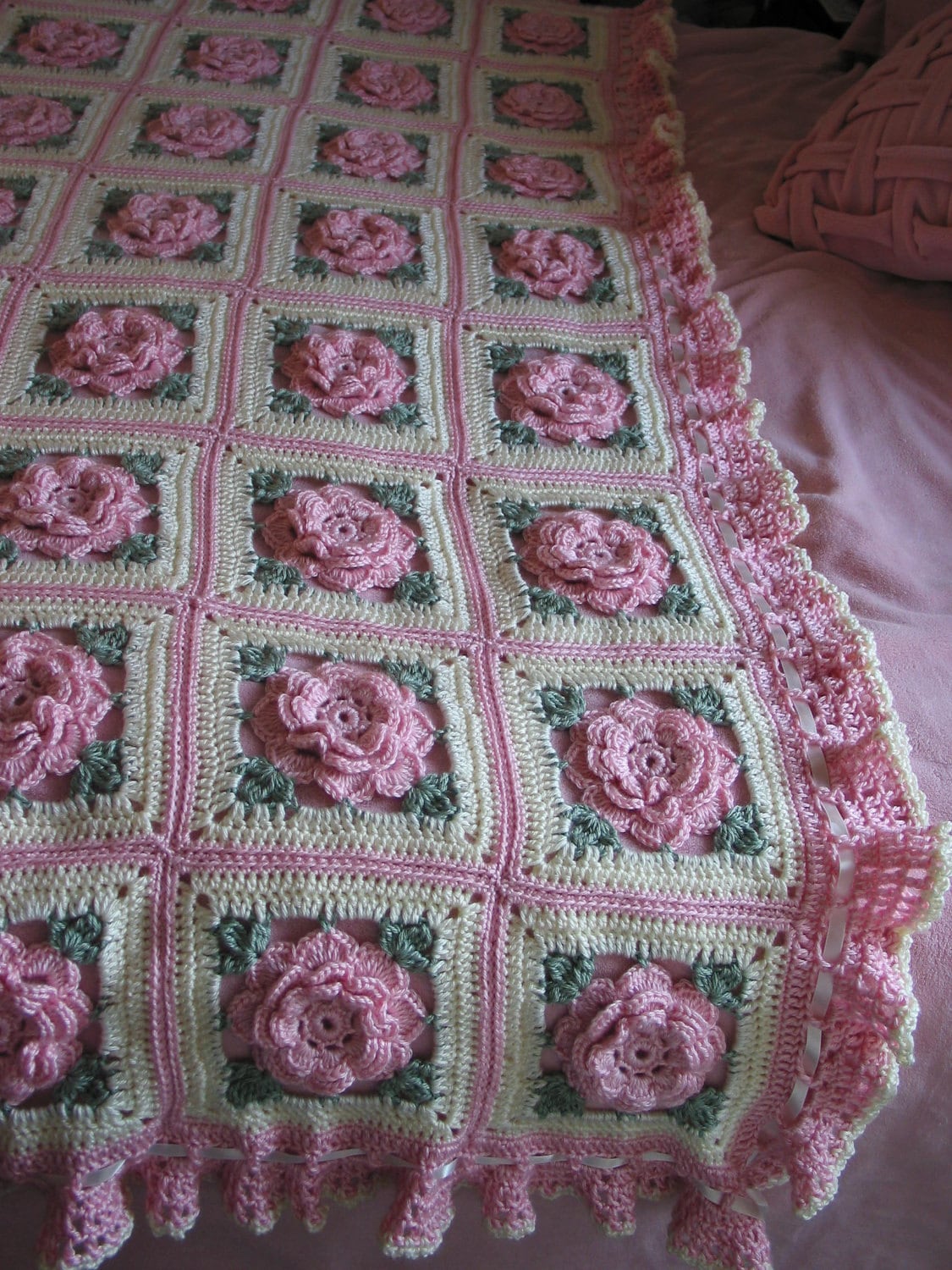 Pink Roses and Ruffles Afghan With Satin Ribbons & Bows Made - Etsy