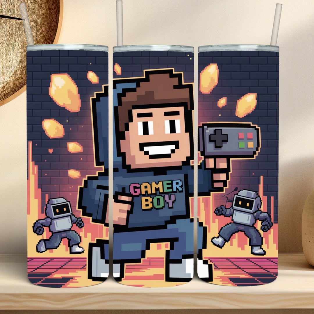Gamer Boy Tumbler Wrap, Pixel Art, 20oz Skinny Tumbler (PNG Digital ...