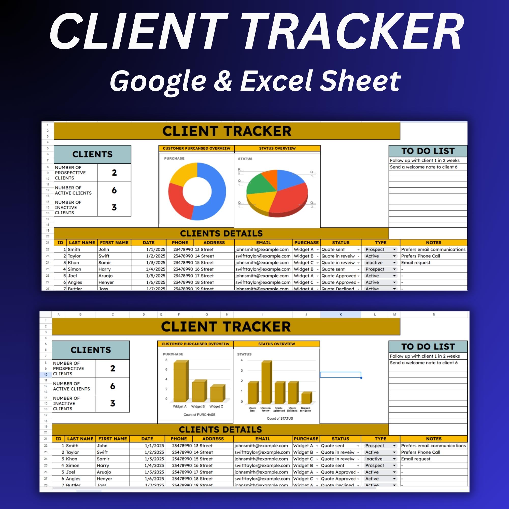 Client Tracker CRM Google Sheets and Excel Template | Client Management ...