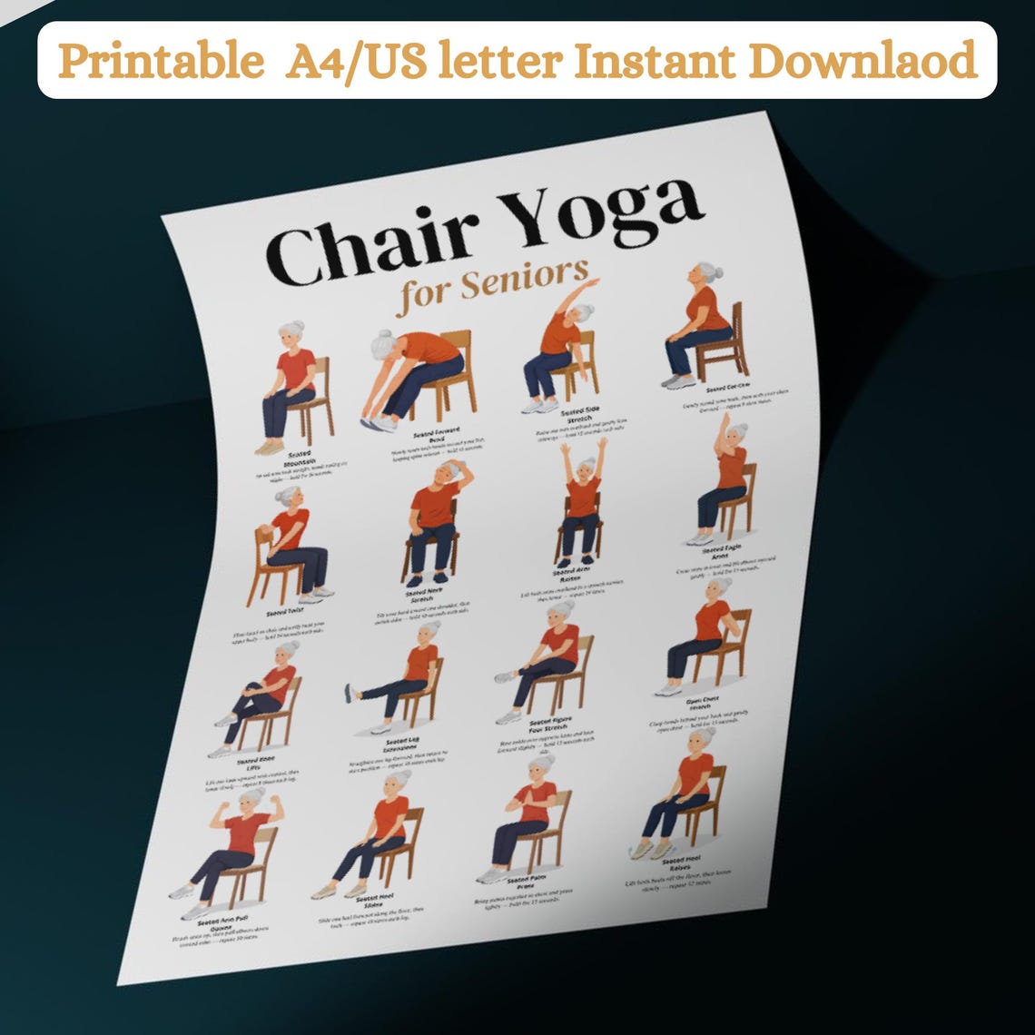 Chair Yoga for Seniors Printable, Chair Yoga Chart PDF, Printable Chair ...