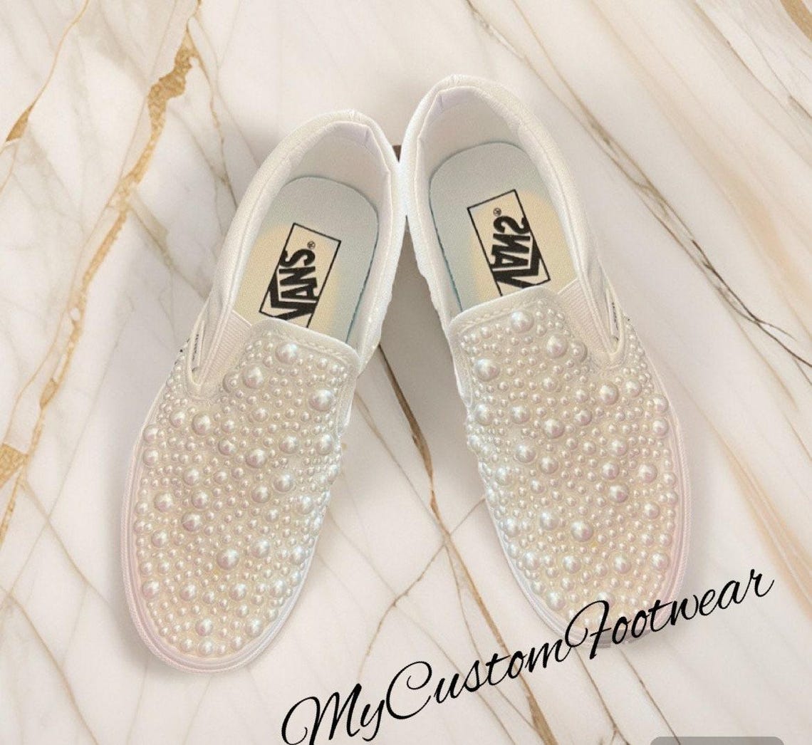 Bride White Custom Vans With Pearls – Handmade Wedding Shoes – Slip-on ...