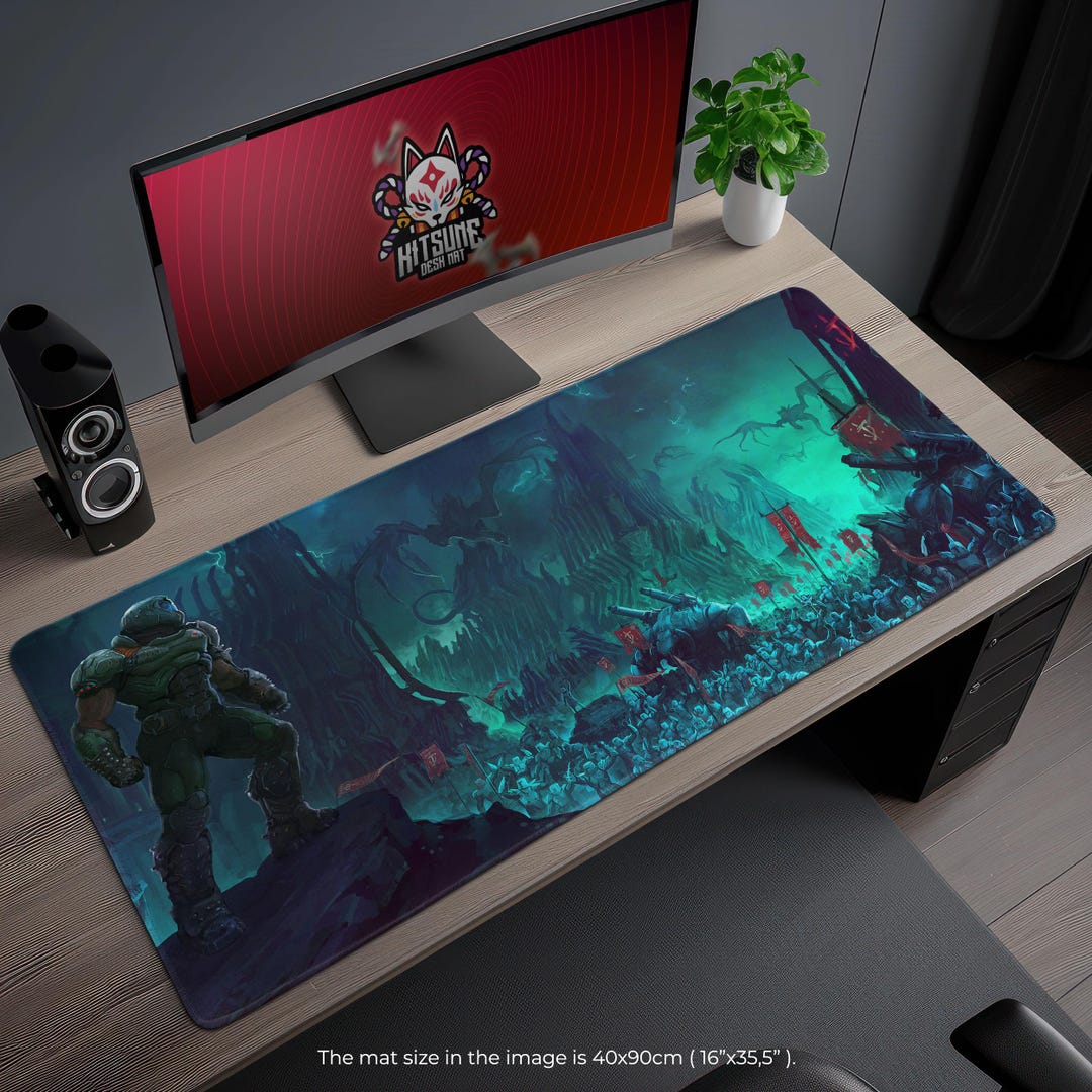 Doom Desk Mat Slayer Overlooking Demon Army in Hellish Abyss, Epic ...