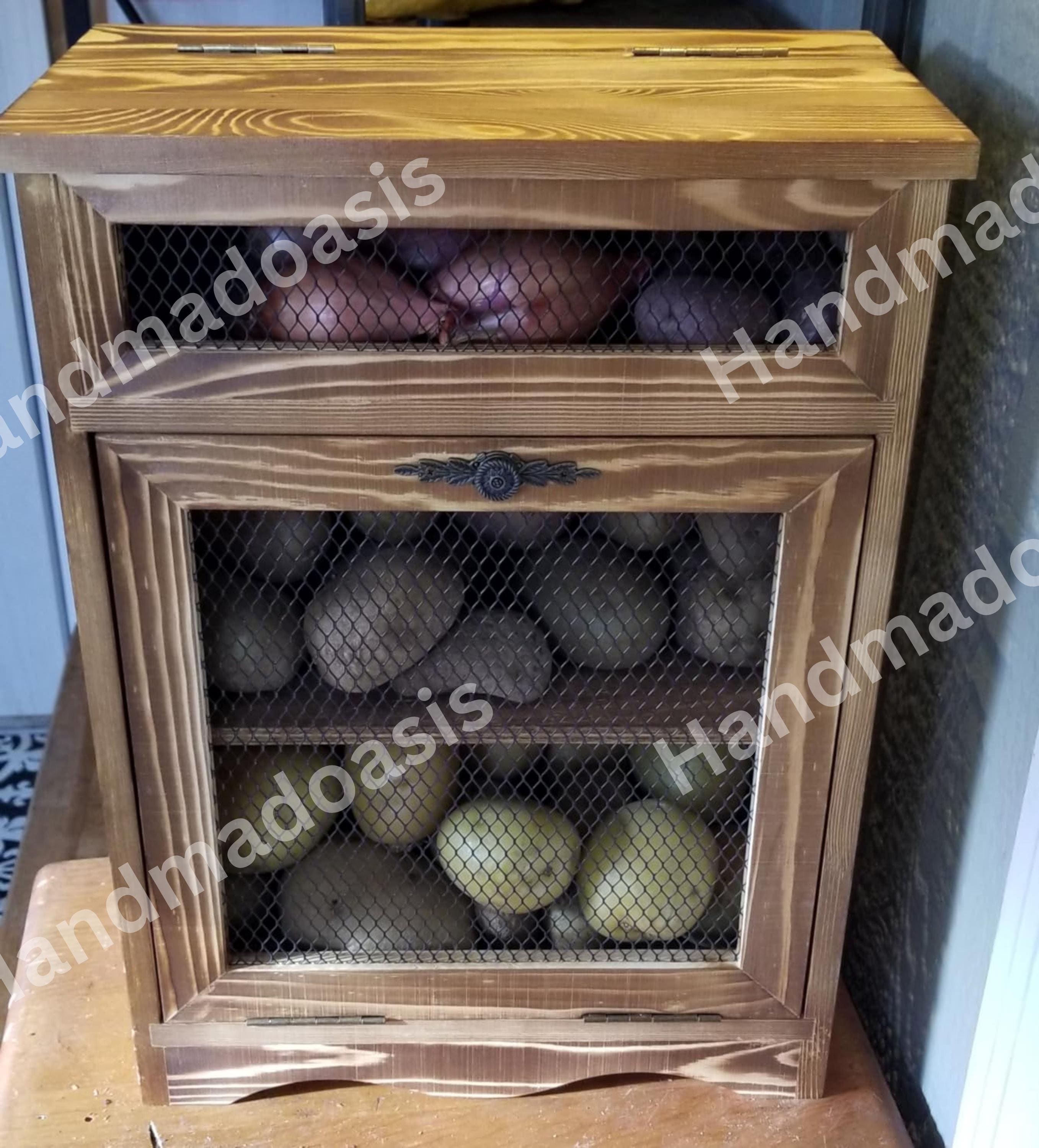 Rustic Wooden Potato Onion Storage Box | Countertop Kitchen Organizer ...