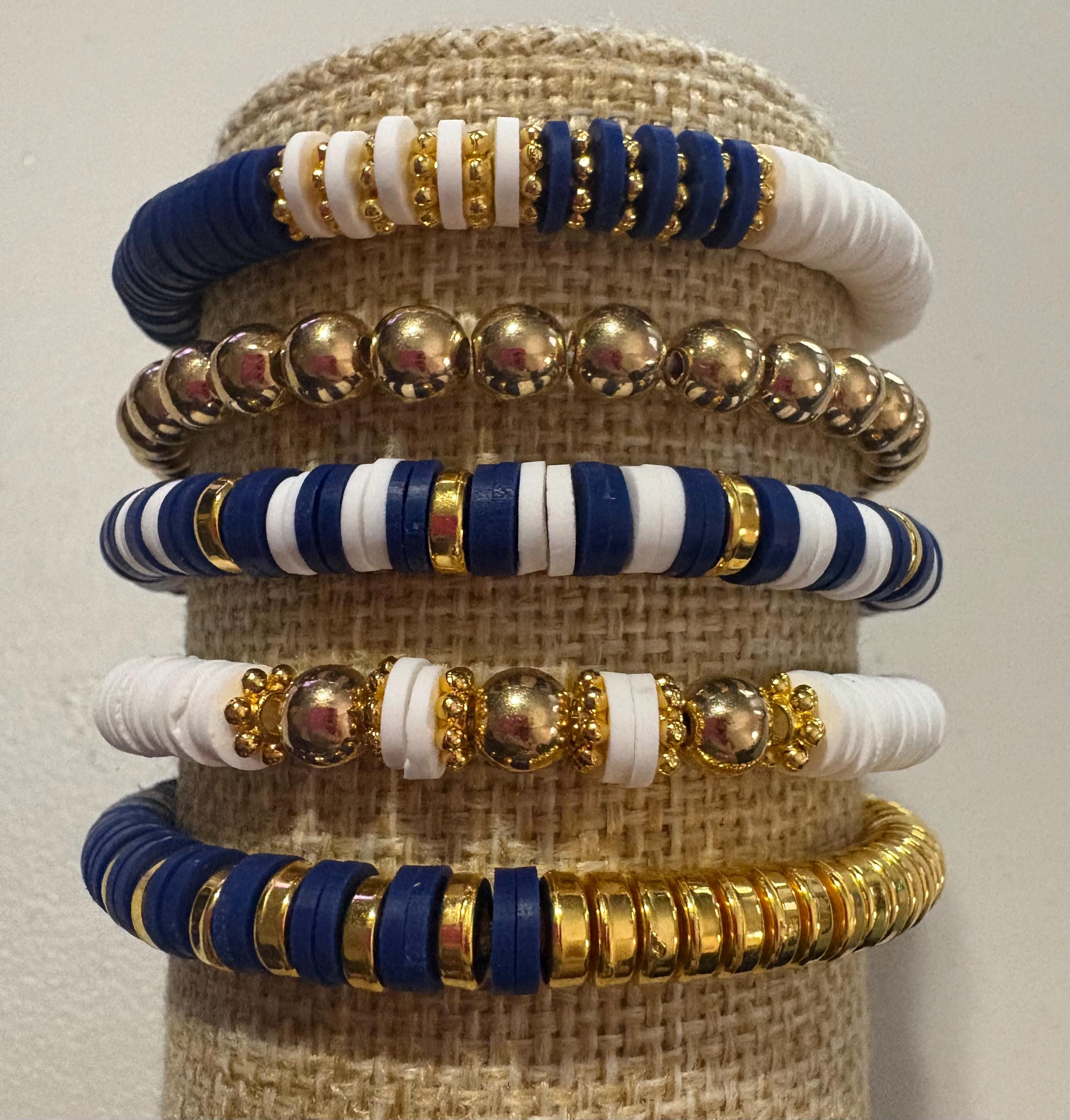 Navy Blue and White W/gold Heishi Clay Beaded Bracelet Set - Etsy