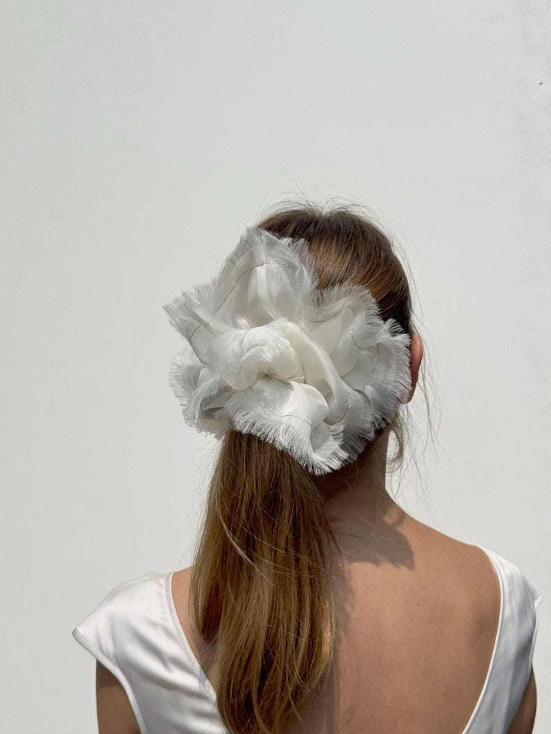 Oversized White Silk Organza Scrunchie: Frayed Edge Bridal Hair ...