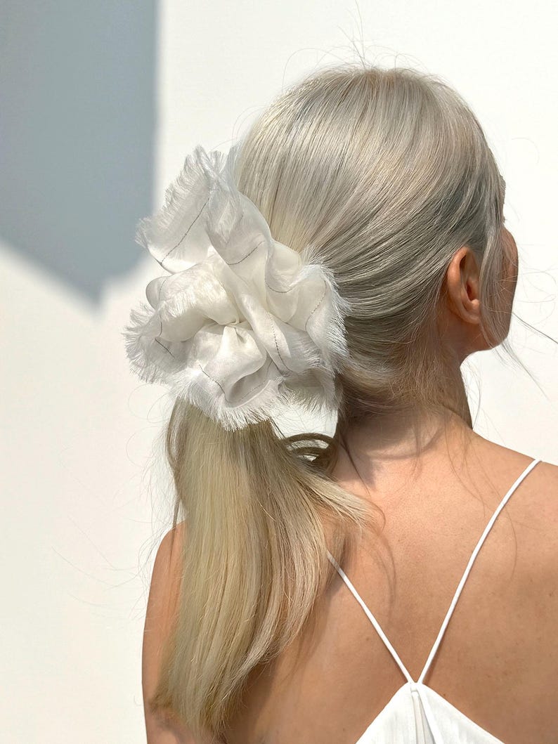 Oversized White Silk Organza Scrunchie: Frayed Edge Bridal Hair ...