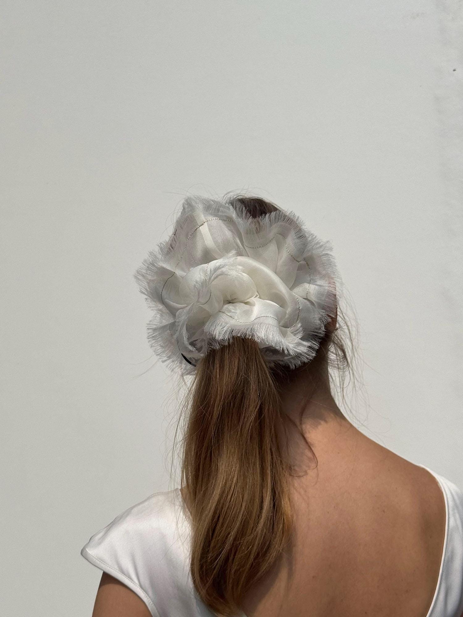 Oversized White Silk Organza Scrunchie: Frayed Edge Bridal Hair ...