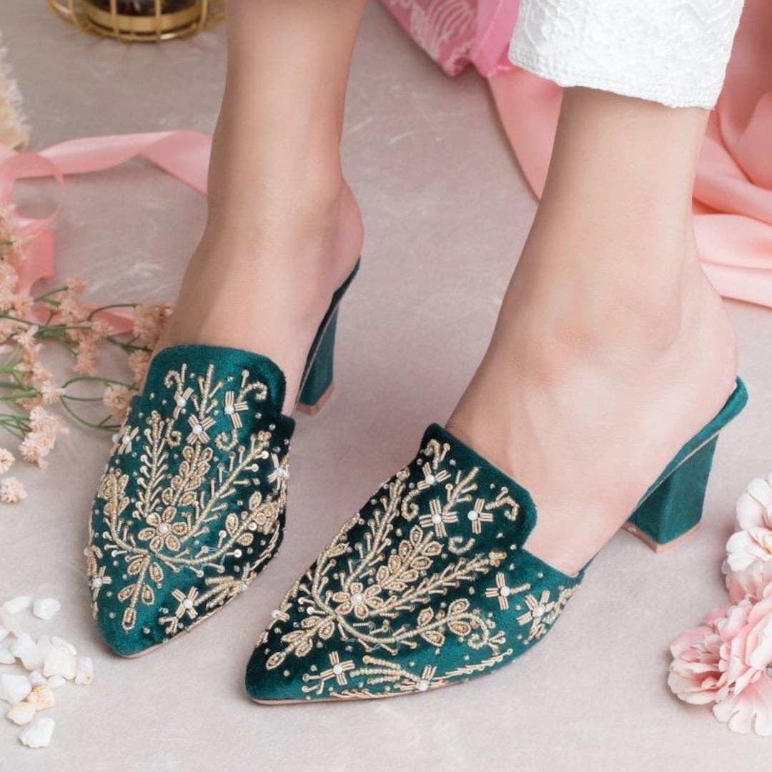 Bridal Mules for Women : Emerald Green Hand Embroidered Heels - Women ...
