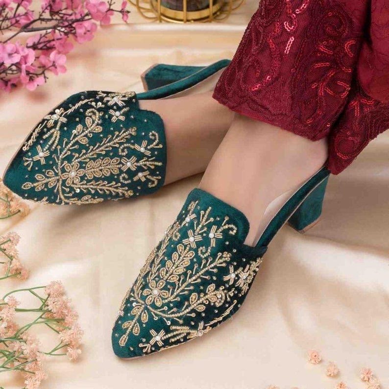 Bridal Mules for Women : Emerald Green Hand Embroidered Heels - Women ...