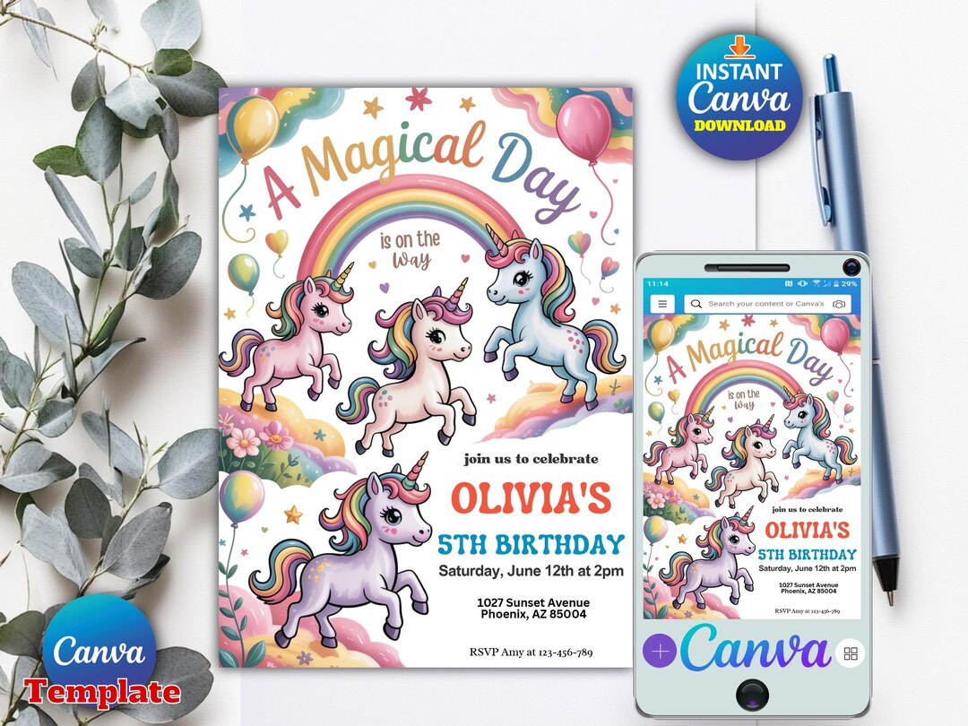 Editable Rainbow Unicorn Birthday Invitation | Magical Pastel Fairytale ...