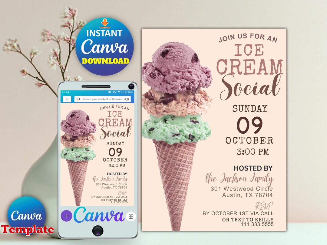 Ice Cream Social Invitation, Ice Cream Party Digital Invite, 5x7 ...