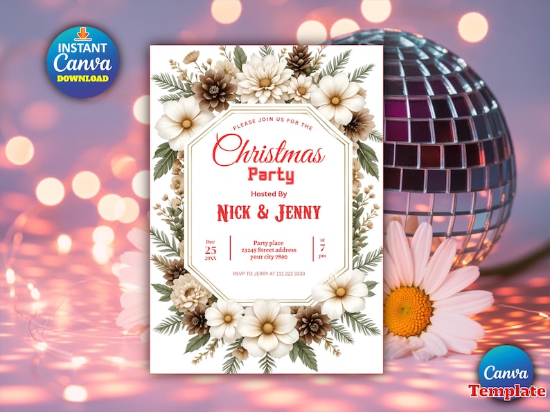 Editable Christmas Party Invitation Template, Winter Floral Design ...