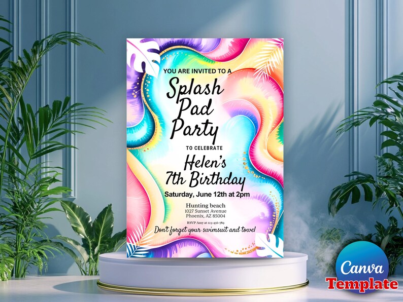 Editable Splash Pad Birthday Party Invitation | Girly Tie Dye Summer ...