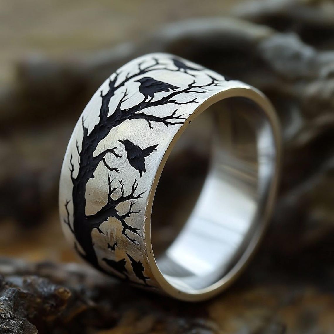 Raven Ring in Sterling Silver – Engraved Forest Crows Gothic Jewelry ...