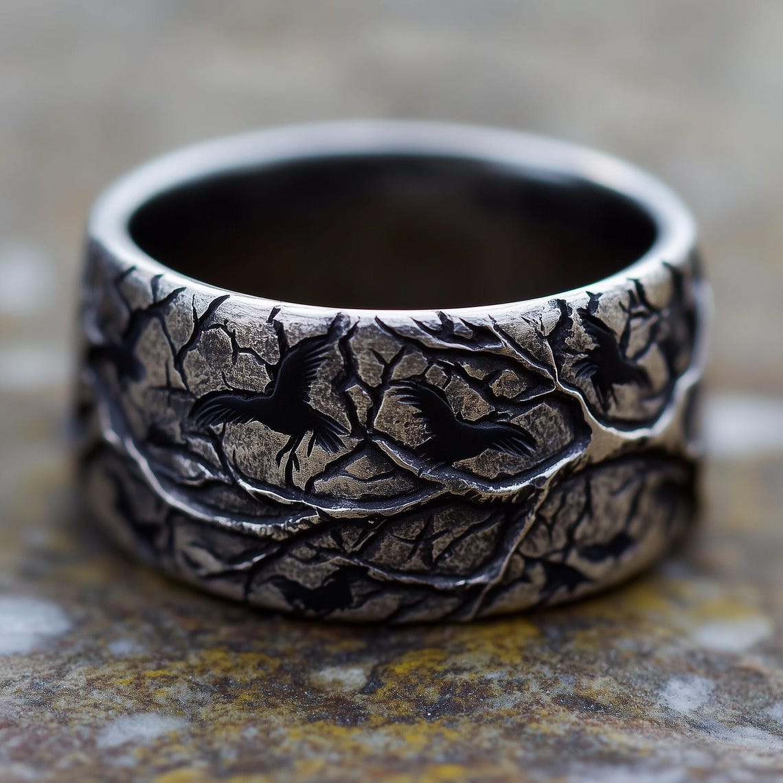 Raven Ring in Sterling Silver – Engraved Forest Crows Gothic Jewelry ...