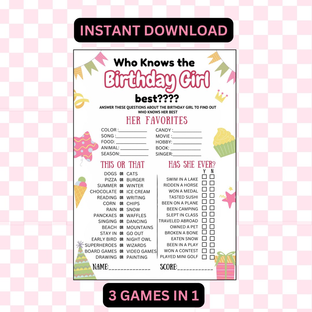 Birthday Girl Trivia Game: Printable Party Quiz (digital Download ...