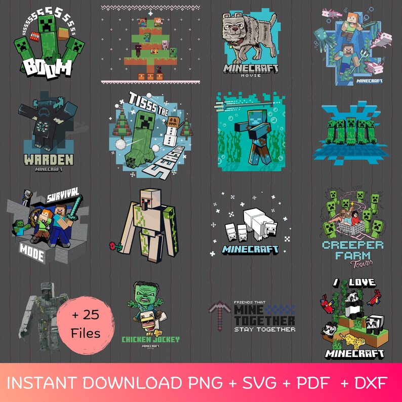 Minecraft SVG Mega Bundle | 25+ Gamer Clipart Designs | Creeper, Warden ...