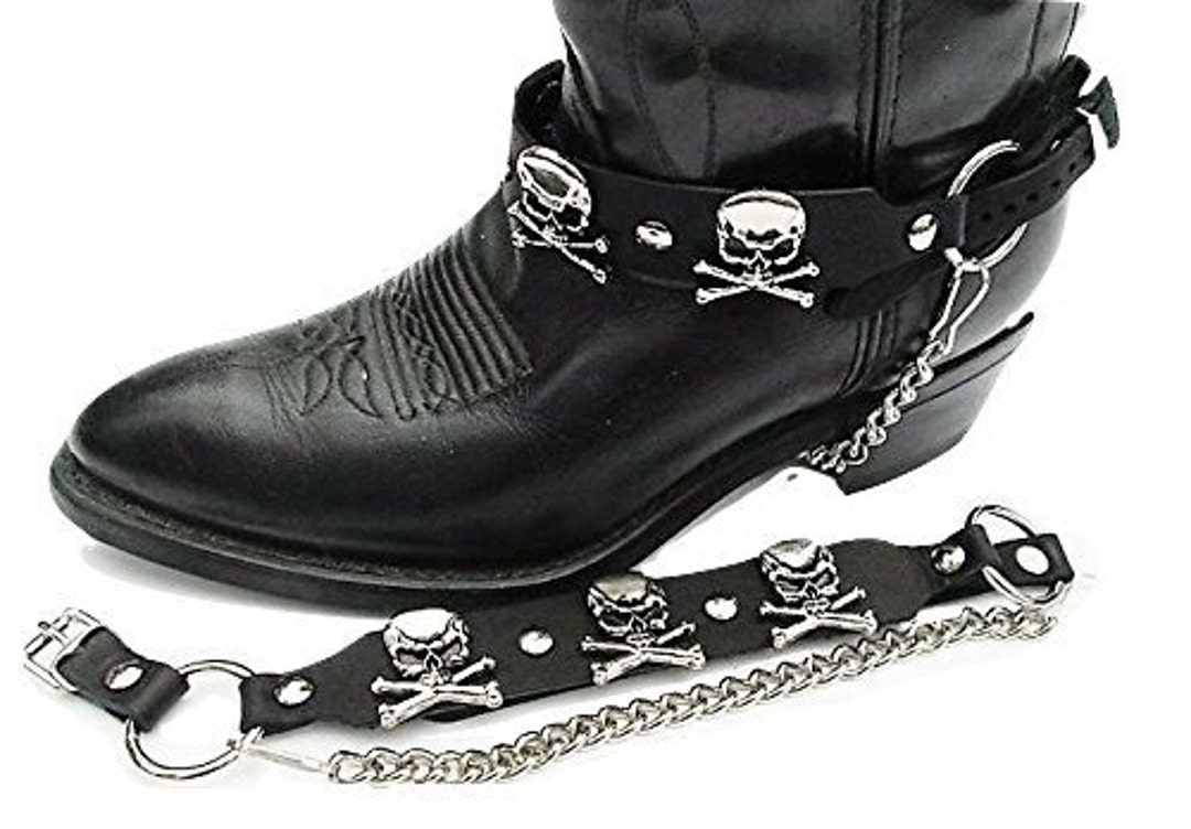 Biker Boots Boot Chains Black Leather With Skull & Crossbones Ornaments ...