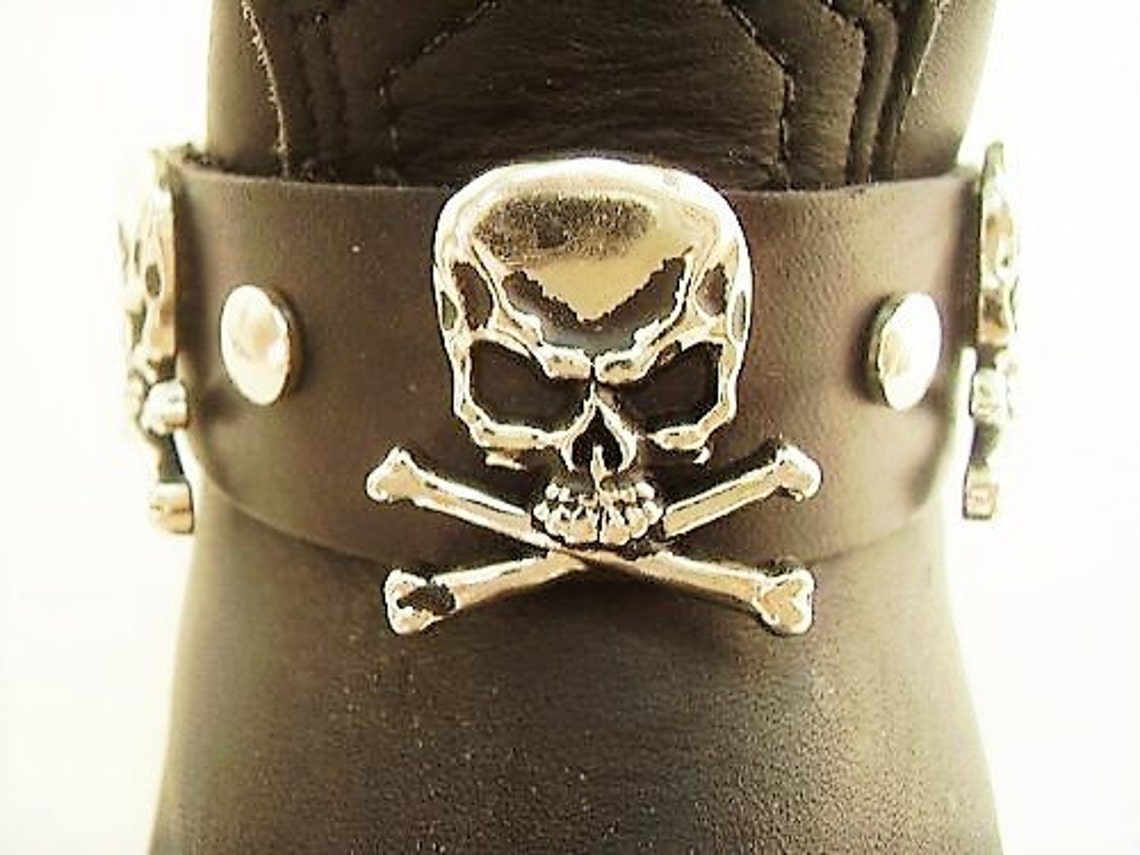 Biker Boots Boot Chains Black Leather With Skull & Crossbones Ornaments ...