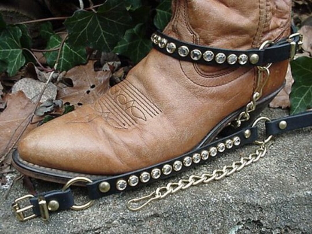 Western Boots Boot Chains Ladies Black Leather With Crystal Rhinestones ...