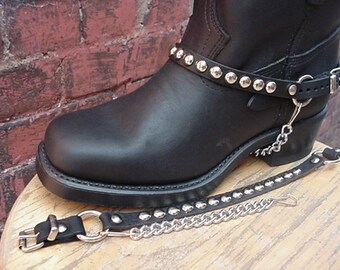 Biker Boots Boot Chains Black Leather With Skull & Crossbones | Etsy