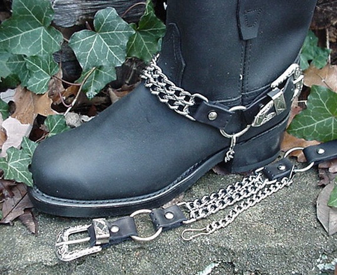 Biker BOOTS BOOT CHAINS Black Topgrain Cowhide Leather With Double ...
