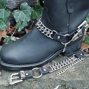 Biker BOOTS BOOT CHAINS Black Topgrain Cowhide Leather With Double ...