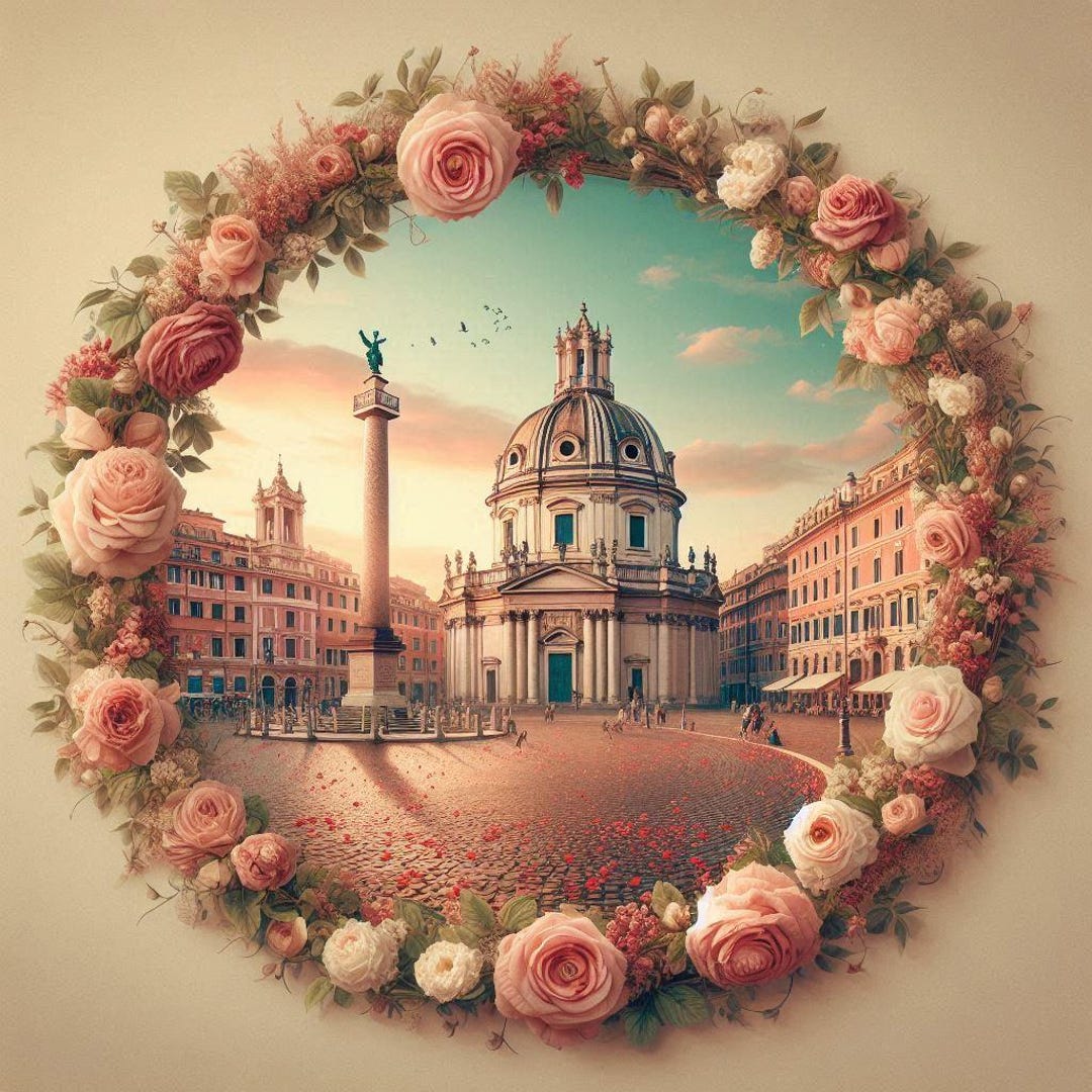 Rome Art Print, Floral Frame Architecture Illustration, Romantic Italy ...