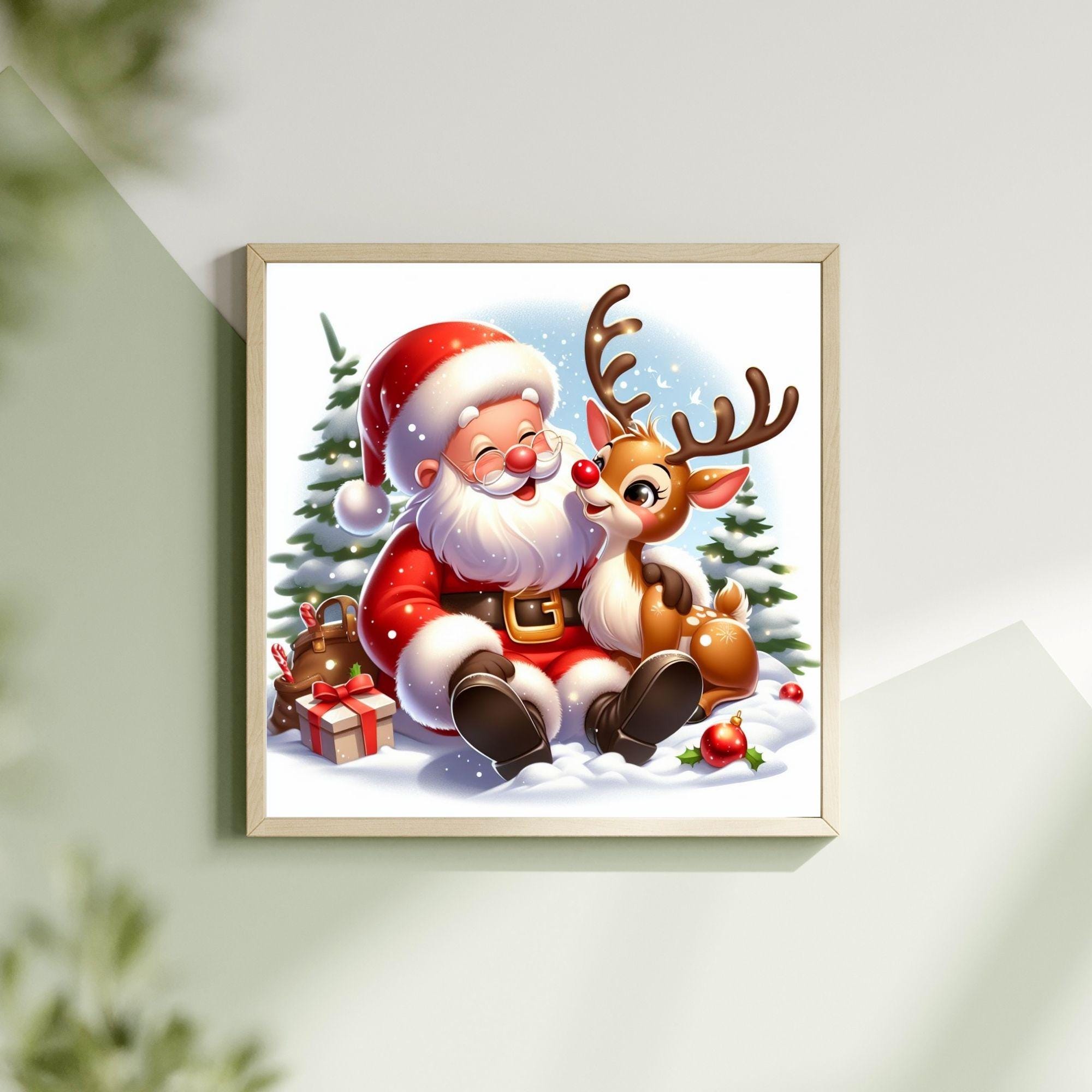 Digital Art Print, Santa Claus and Reindeer, Christmas Nursery Wall ...