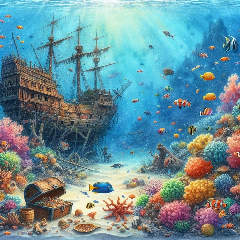 Sunken Ship Wall Art, Underwater Treasure Print, Colorful Coral Reef ...