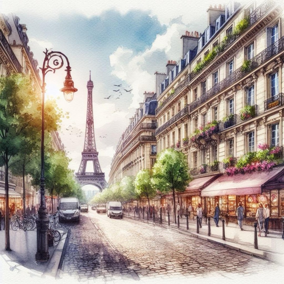 Paris Street Scene Art Print, Eiffel Tower Watercolor Painting ...