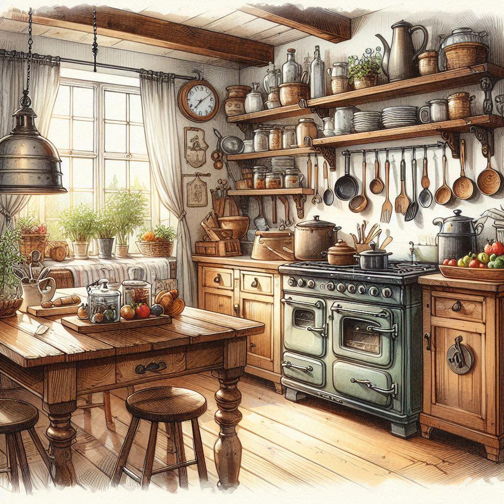 Vintage Kitchen Art Print, Rustic Country Illustration, Cozy Farmhouse ...