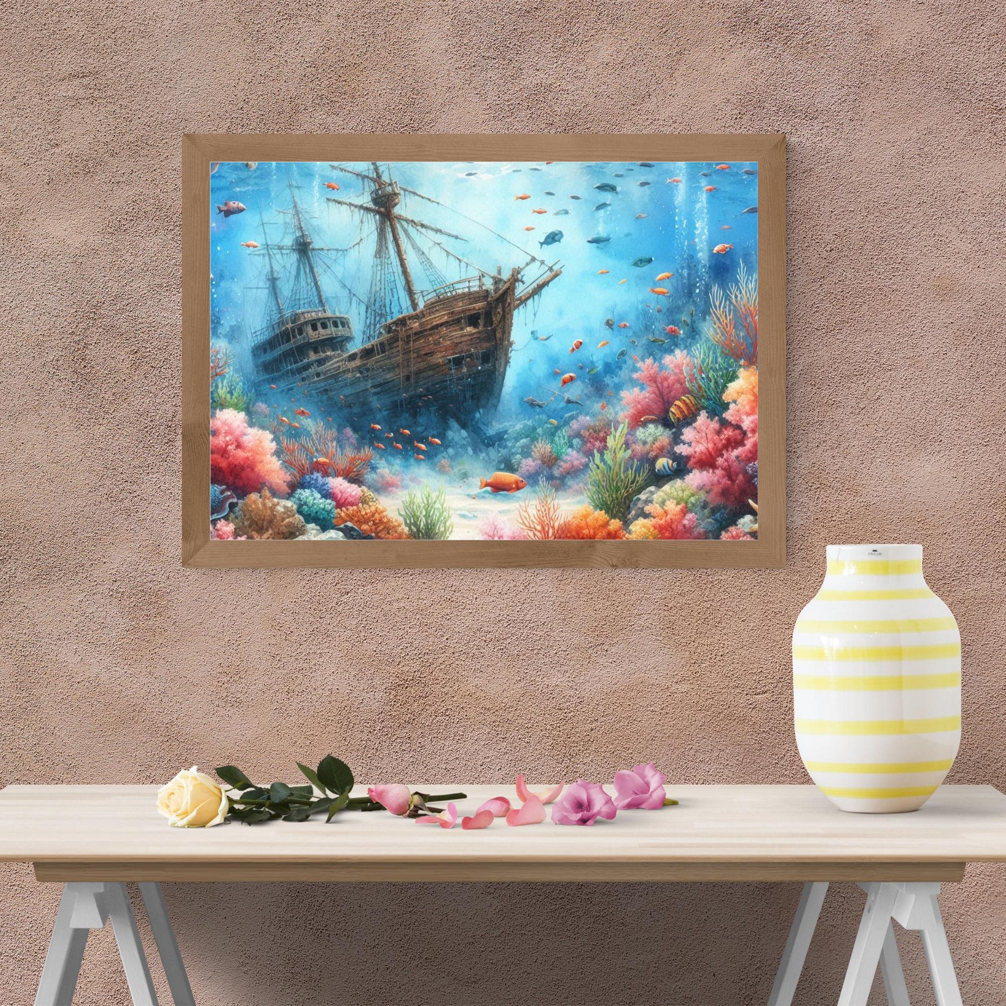 Shipwreck Print, Underwater Treasure Wall Art, Sunken Pirate Ship ...