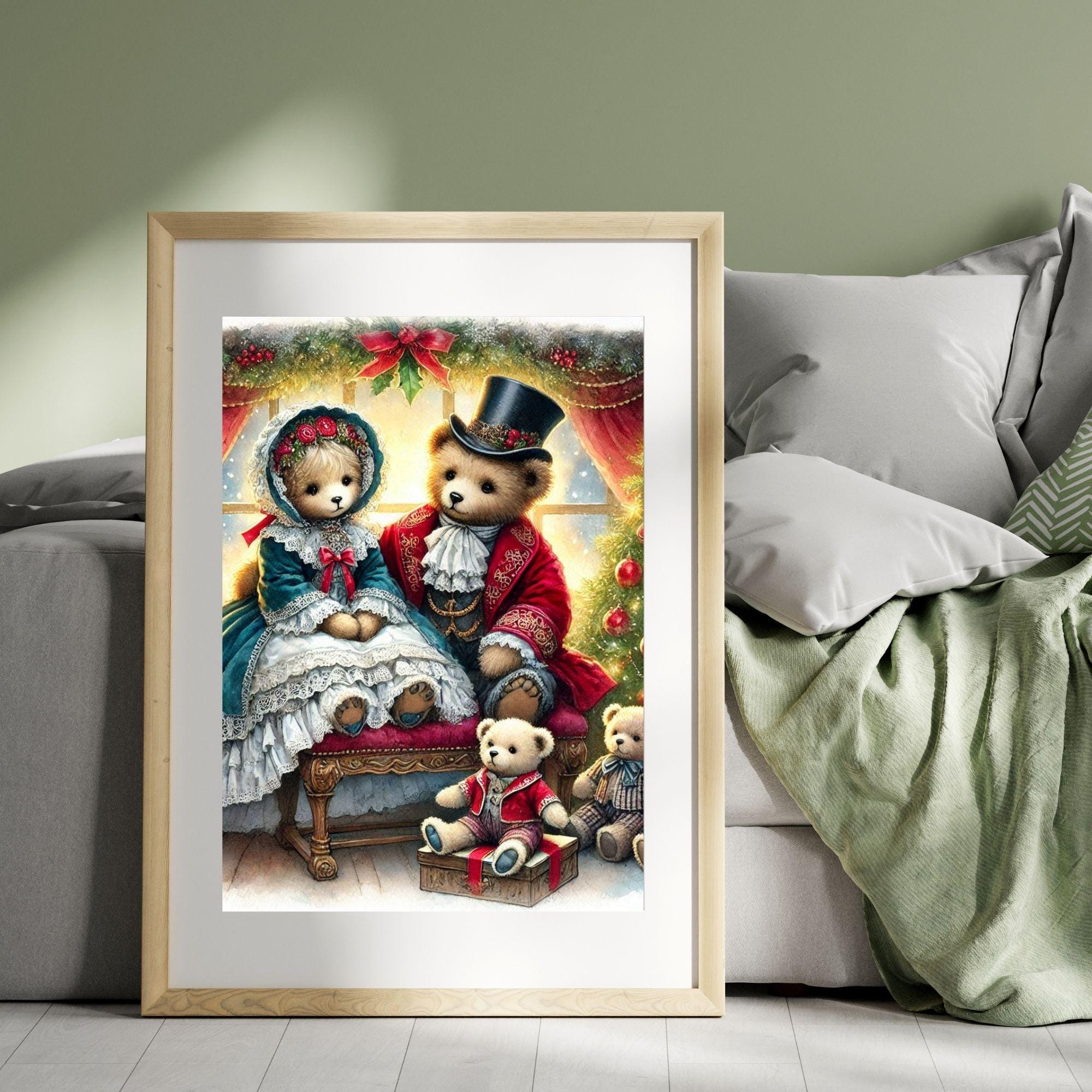 Victorian Christmas Teddy Bears, Digital Art Print, Cozy Fireplace ...