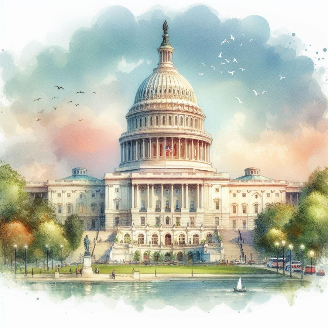 Washington DC Capitol Print, USA Landmark Watercolor, Patriotic Wall ...