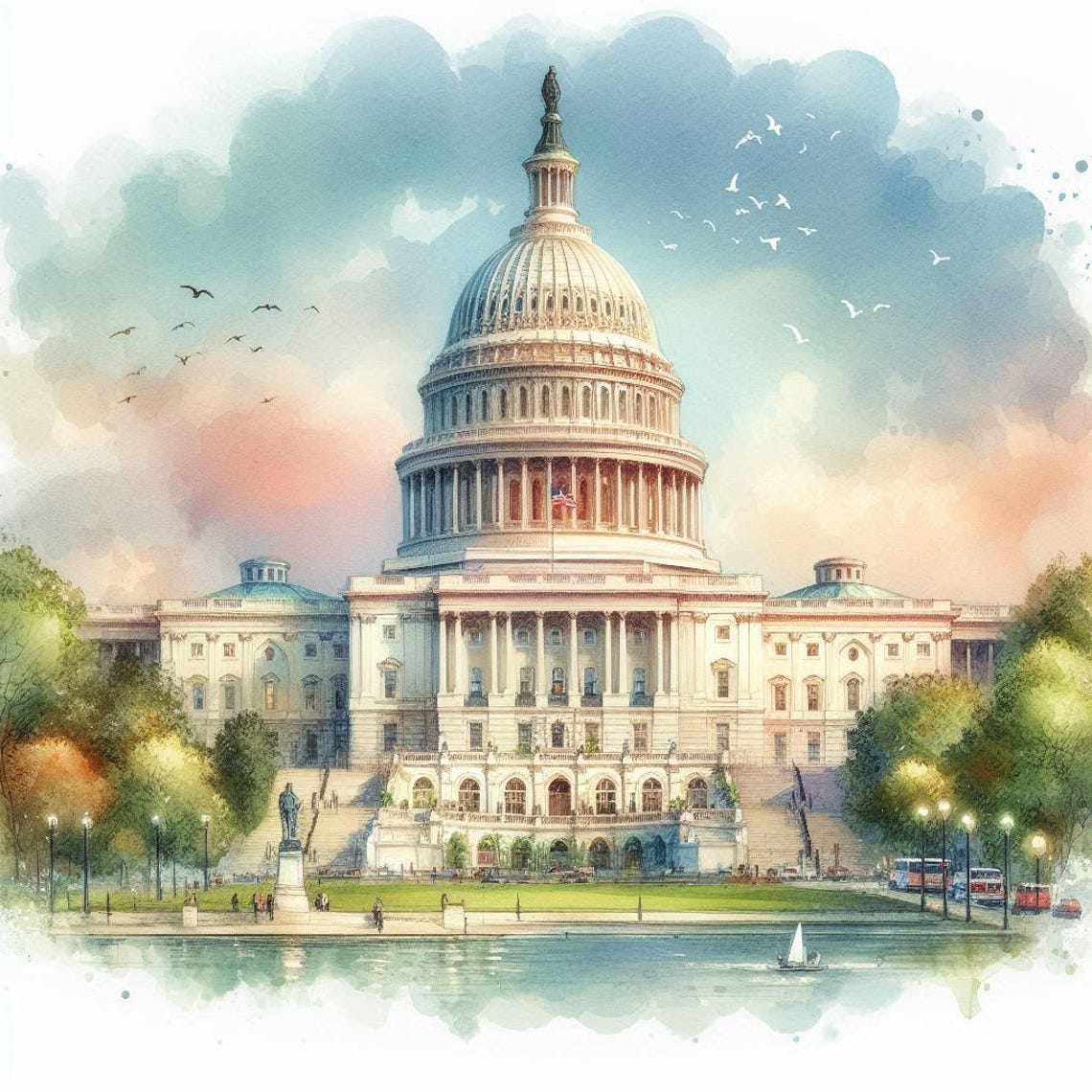 Washington DC Capitol Print, USA Landmark Watercolor, Patriotic Wall ...