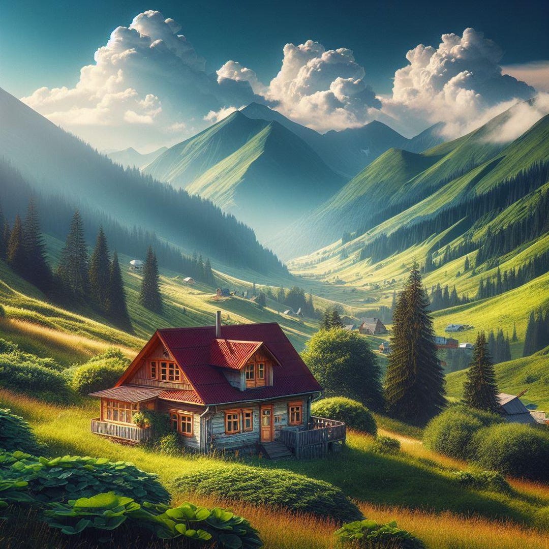 Mountain Valley Cabin Art Print, Rustic Alpine Retreat Wall Art, Cozy ...