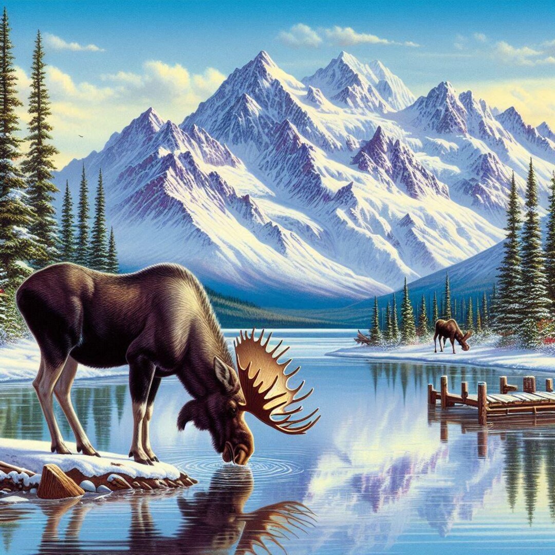 Winter Moose Landscape Print, Mountain Wildlife Wall Art, Alpine Lake ...