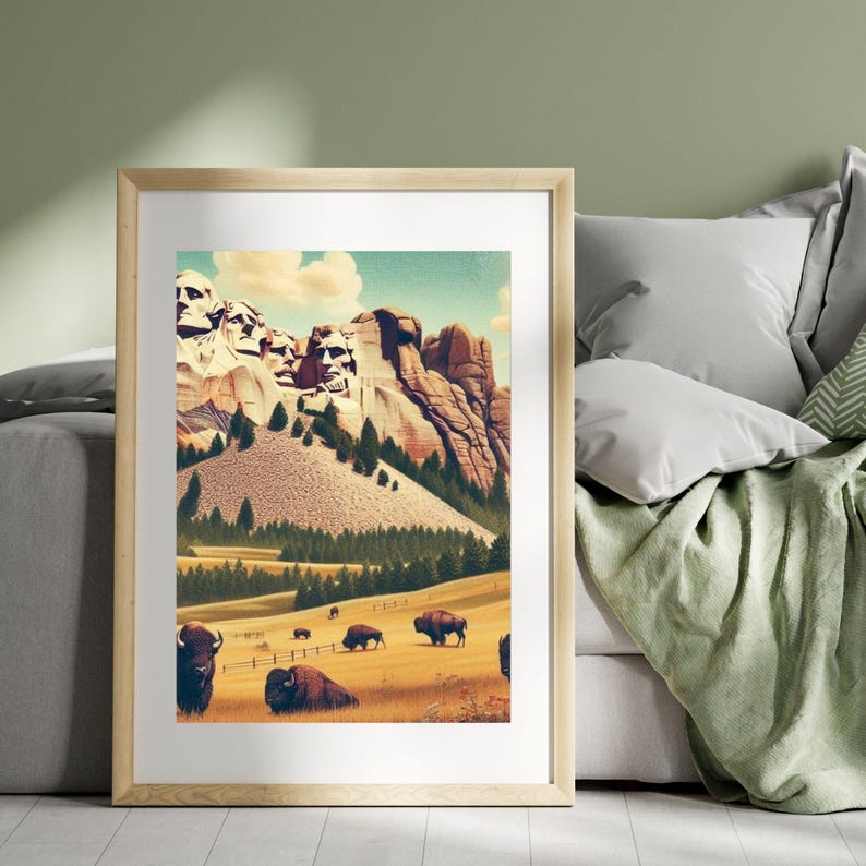 Mount Rushmore Bison Art, South Dakota Wall Print, American Landmark ...