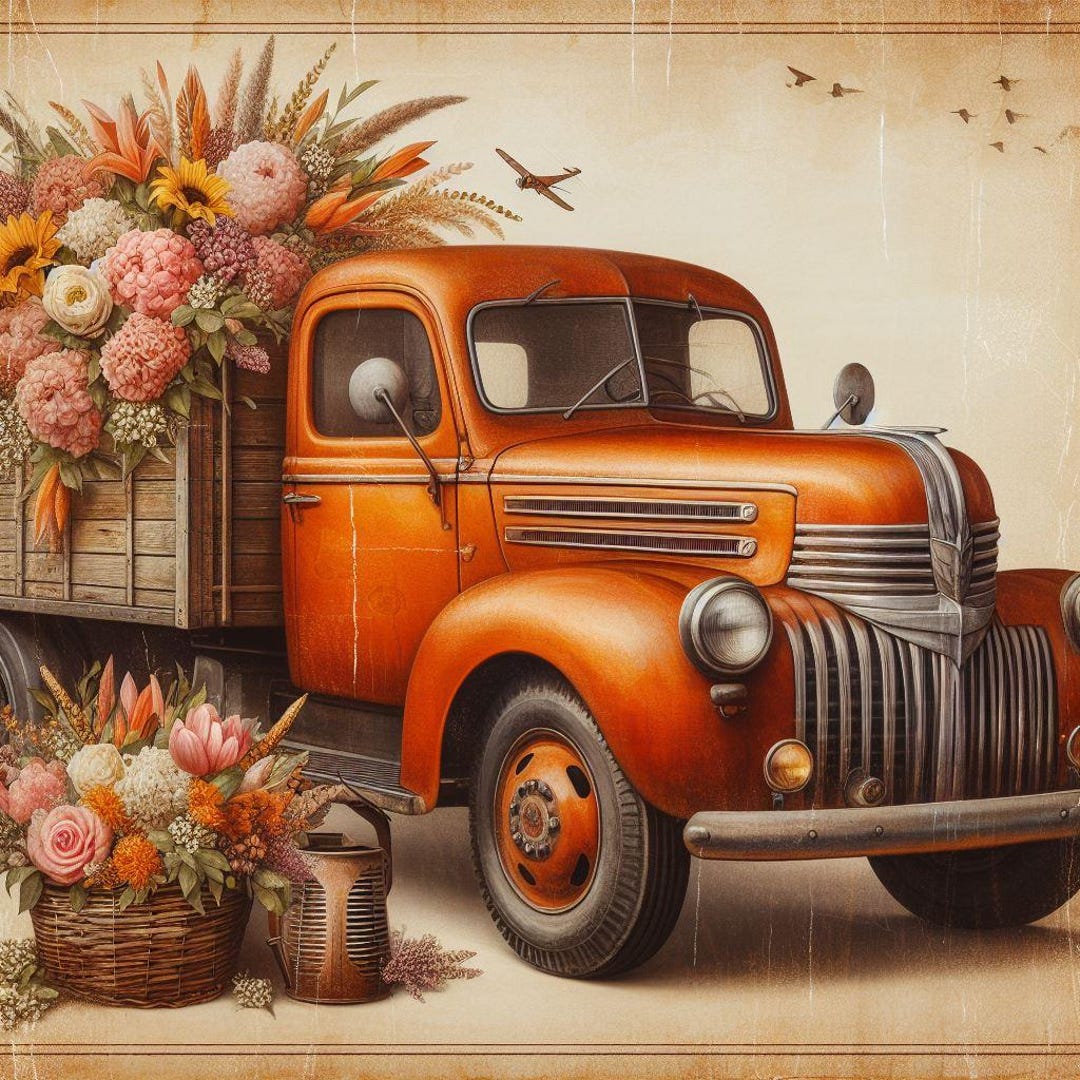 Vintage Truck Wall Art, Rustic Flower Print, Autumn Farmhouse Decor ...