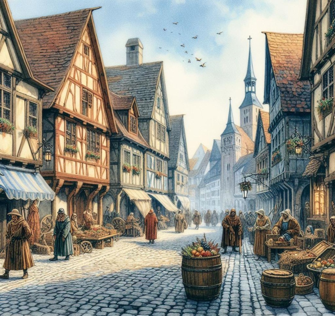 Medieval Bavarian Street Scene, Vintage Market Town Art Print, Old ...