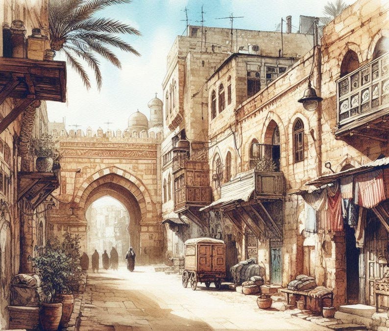 Middle Eastern Old City Street Art, Vintage Archway Bazaar Scene Print ...