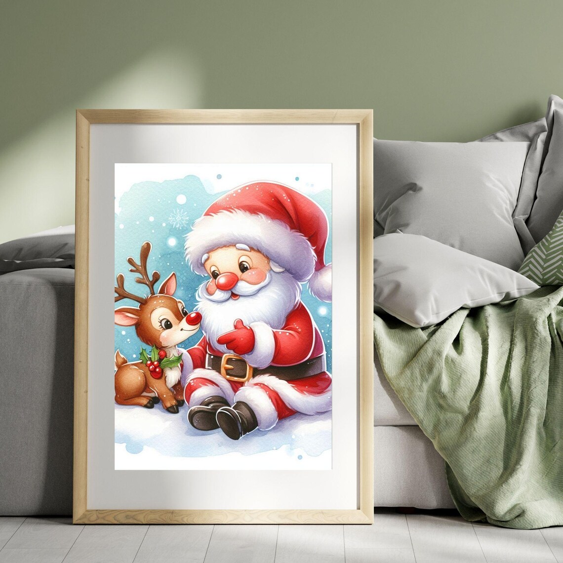 Digital Art Print, Santa and Reindeer, Christmas Kids Room Decor, Cute ...