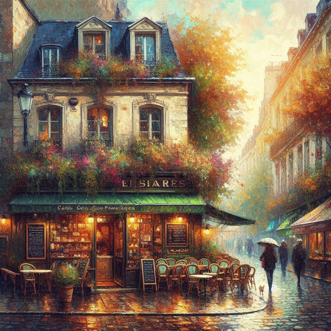 French Cafe Wall Art, Rainy Paris Street Print, Autumn Bistro Decor ...