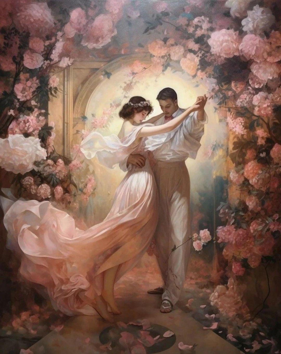 Romantic Dance Print, Floral Love Painting, Elegant Couple Art, Vintage ...