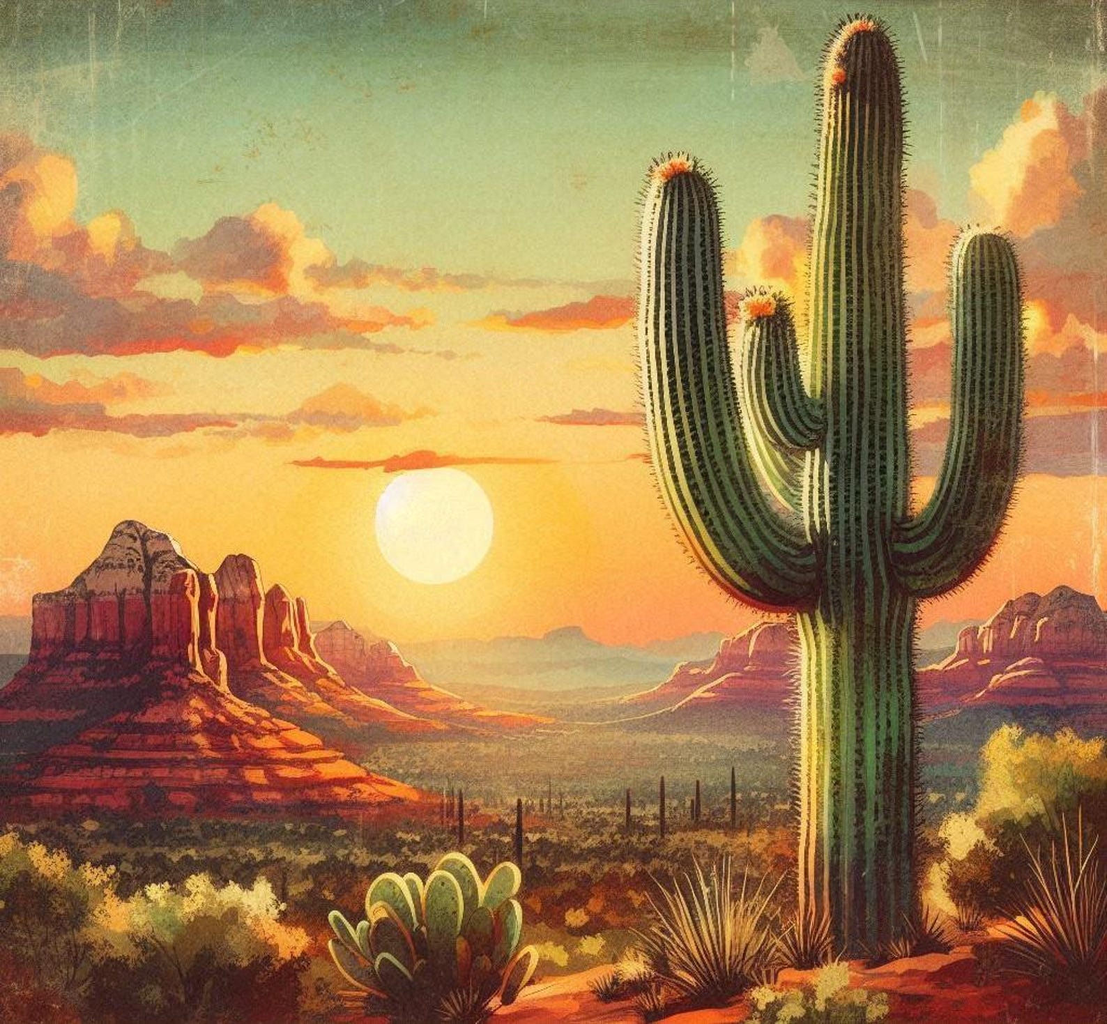 Arizona Desert Wall Art, Cactus Print, Southwestern Sunset, Vintage ...