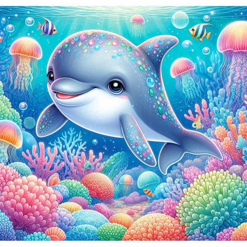 Colorful Dolphin Art, Underwater Ocean Print, Kids Room Wall Art, Sea ...