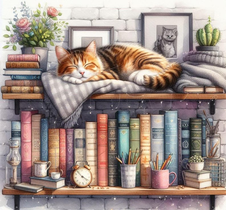 Cozy Cat Bookshelf Art, Vintage Library Print, Sleeping Kitten Wall ...