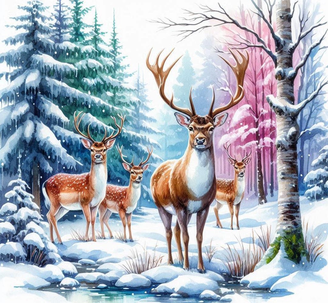 Animal Print, Winter Deer Family, Snowy Forest Scene, Rustic Christmas ...