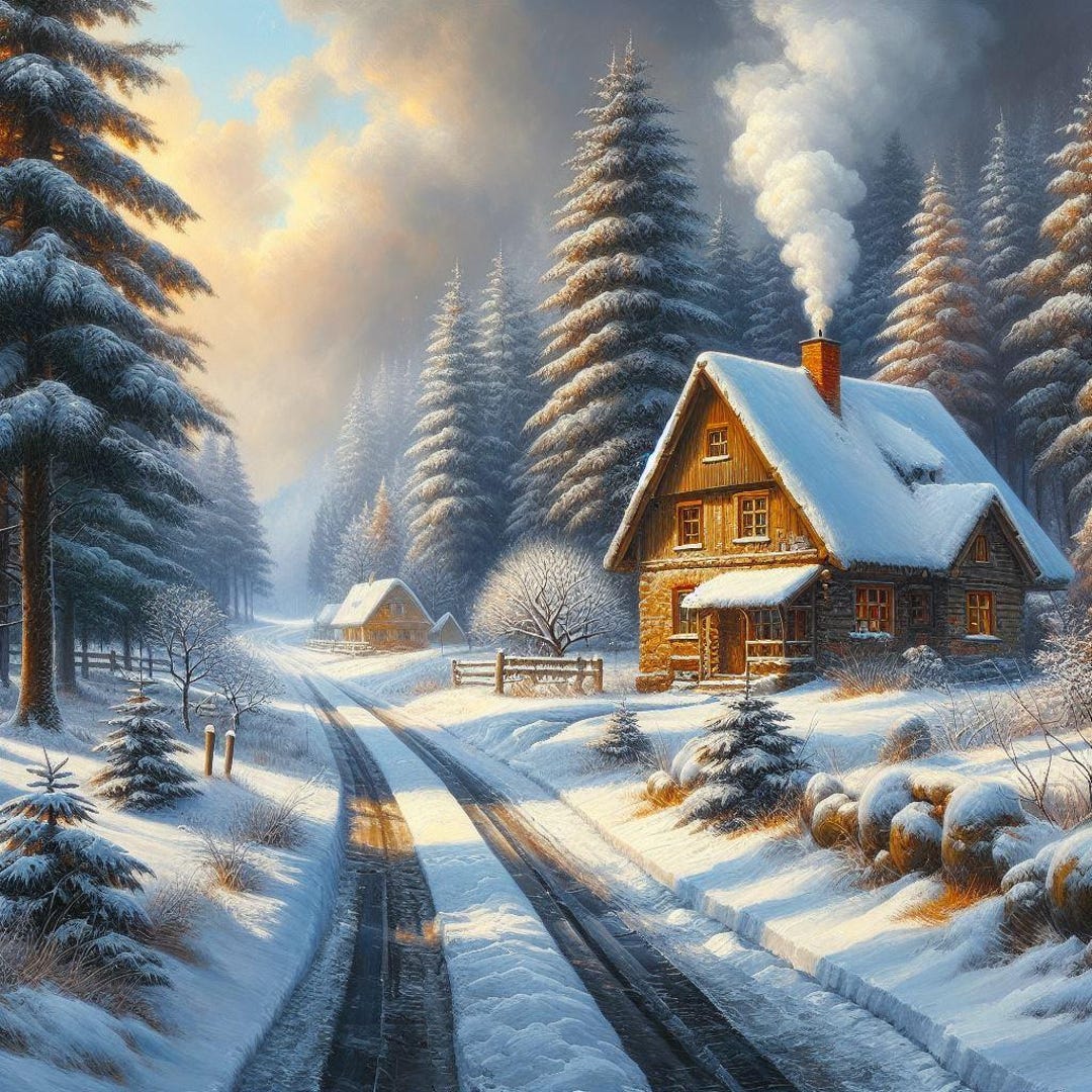 Winter Cabin Print, Snowy Cottage Wall Art, Rustic Holiday Illustration ...